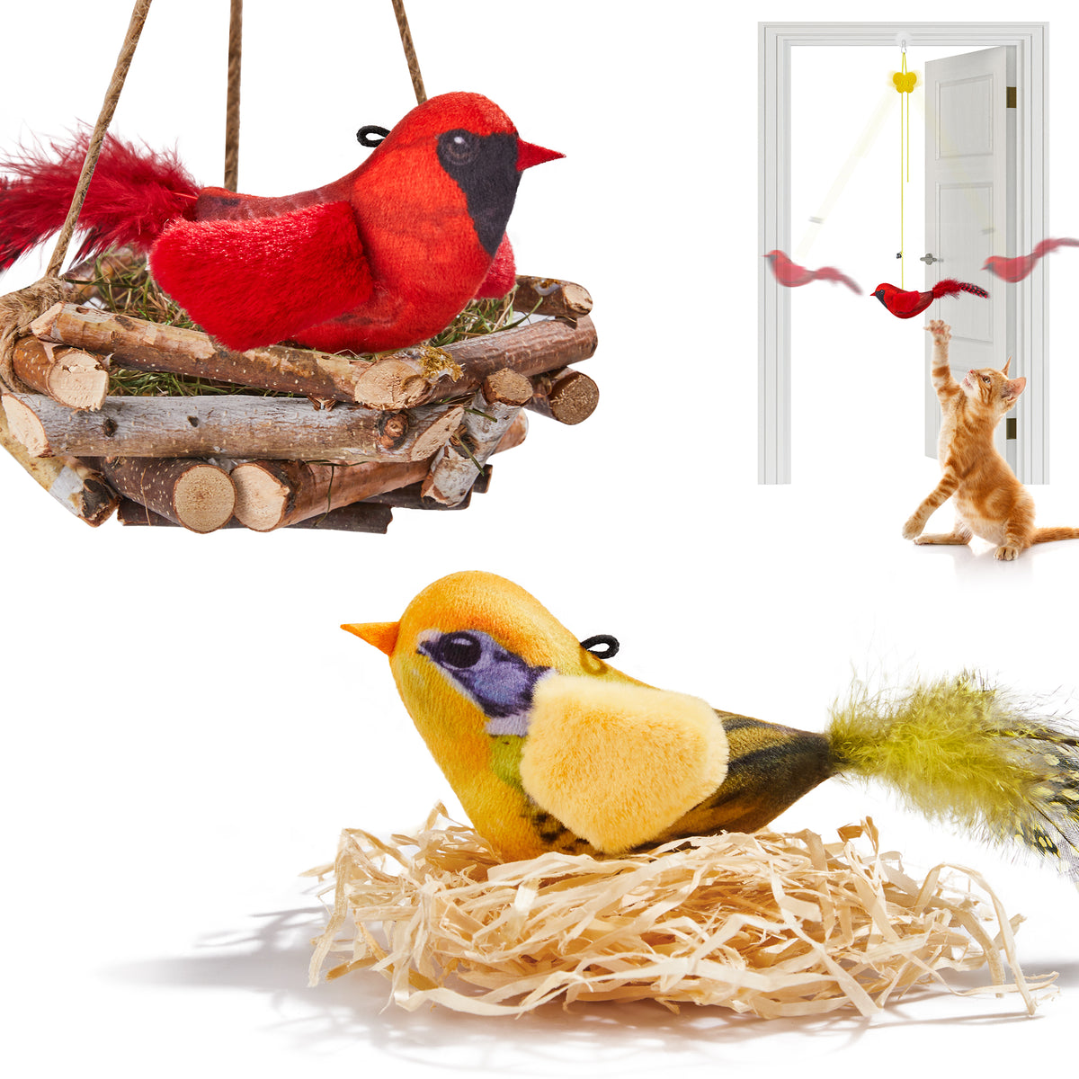 Potaroma Chirping Birds Cat Toys 2 Pcs: Northern Cardinal & Silver-thr